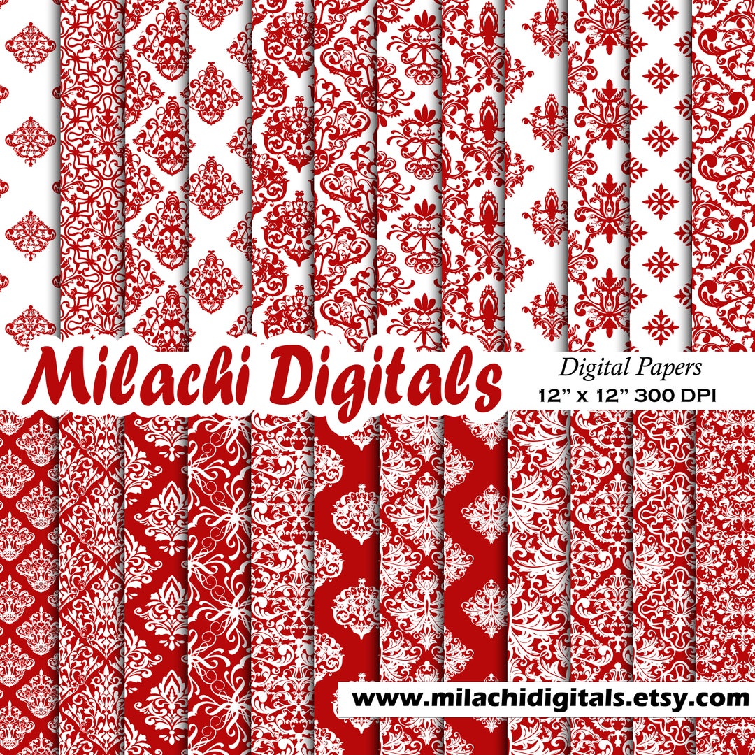 Christmas Damask Digital Paper, Holiday Scrapbook Papers, Damask ...