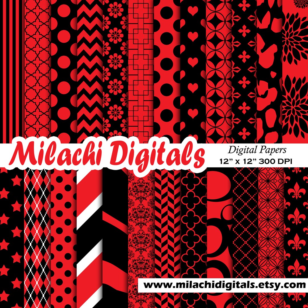 Red and Black Digital Paper, Polka Dot Scrapbook Papers, Hearts ...