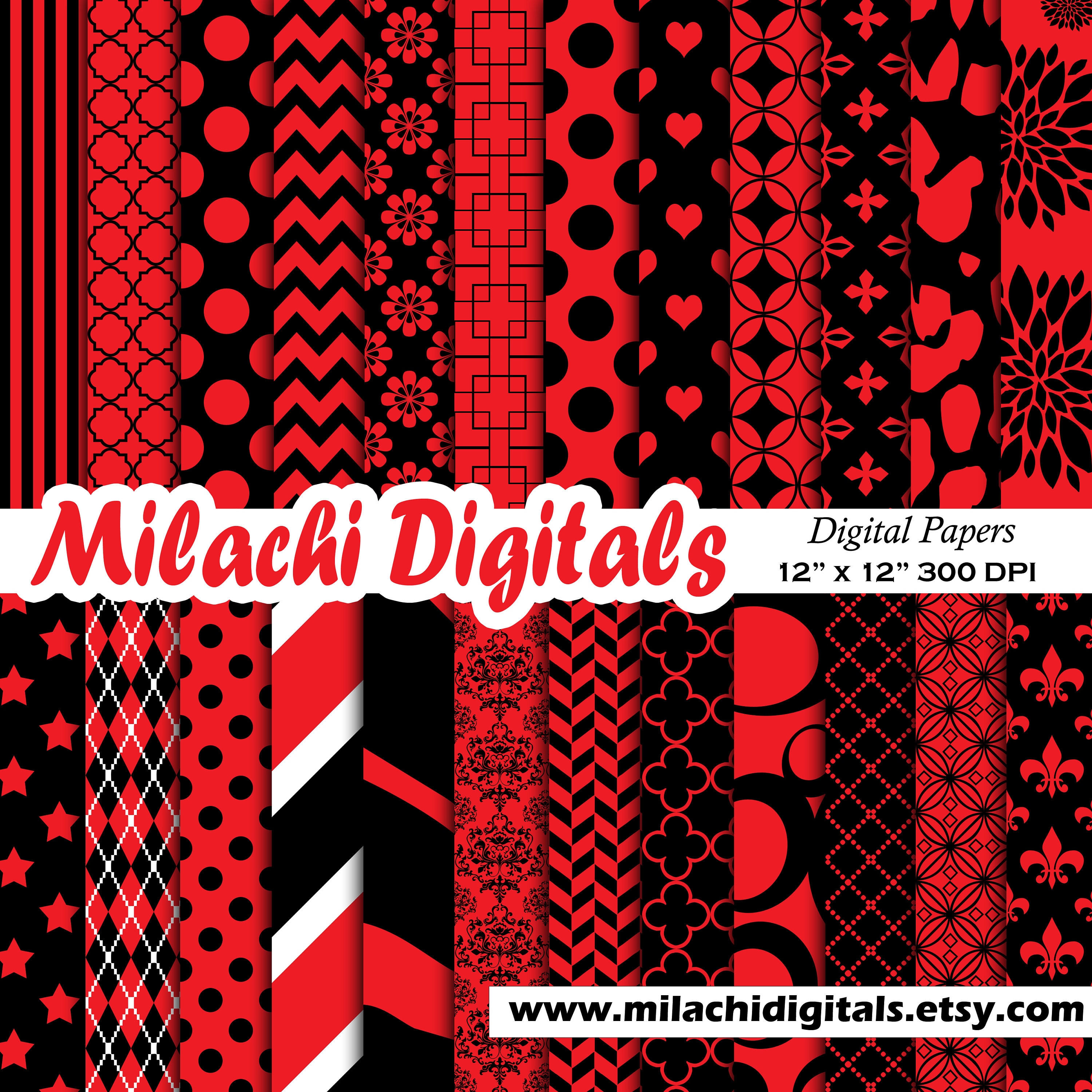 Red and Black Digital Paper, Polka Dot Scrapbook Papers, Hearts ...