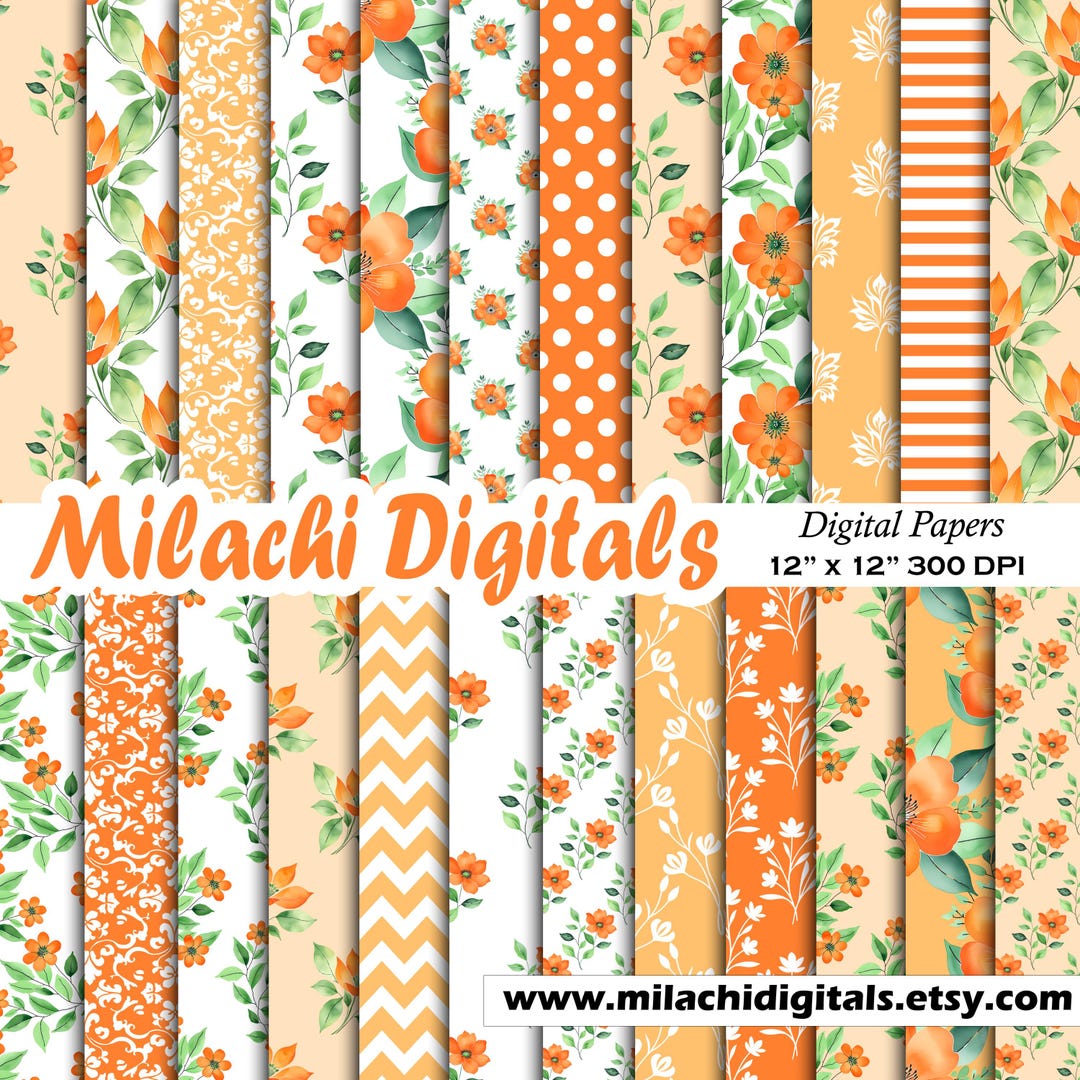 Orange Flowers Digital Paper, Seamless 12"x12" Scrapbook Paper, Junk ...