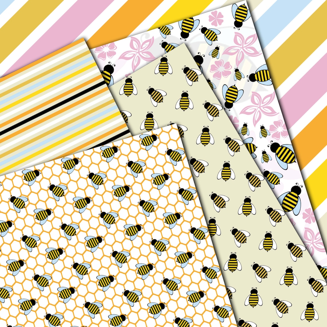 Bumble Bee Digital Paper, Honey Scrapbook Papers, Hive Wallpaper ...