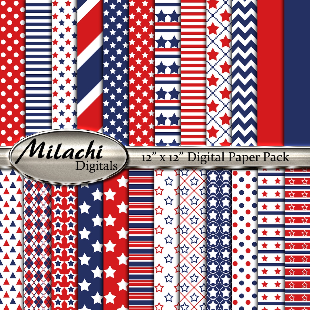 4th of July Stars and Stripes Digital Paper Pack, 12" X 12" Scrapbook ...