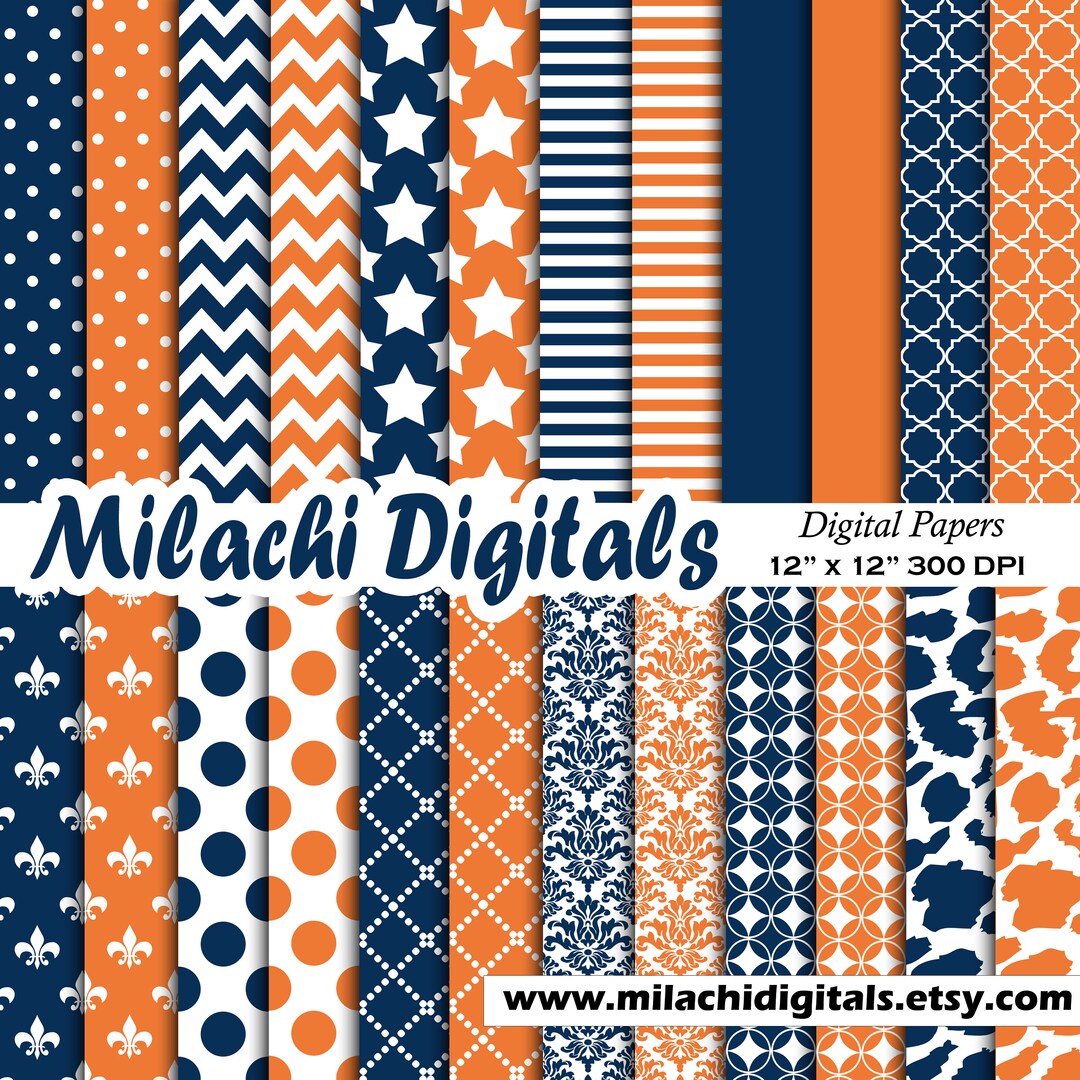 Navy Blue and Orange Digital Paper, Scrapbook Papers, Background ...
