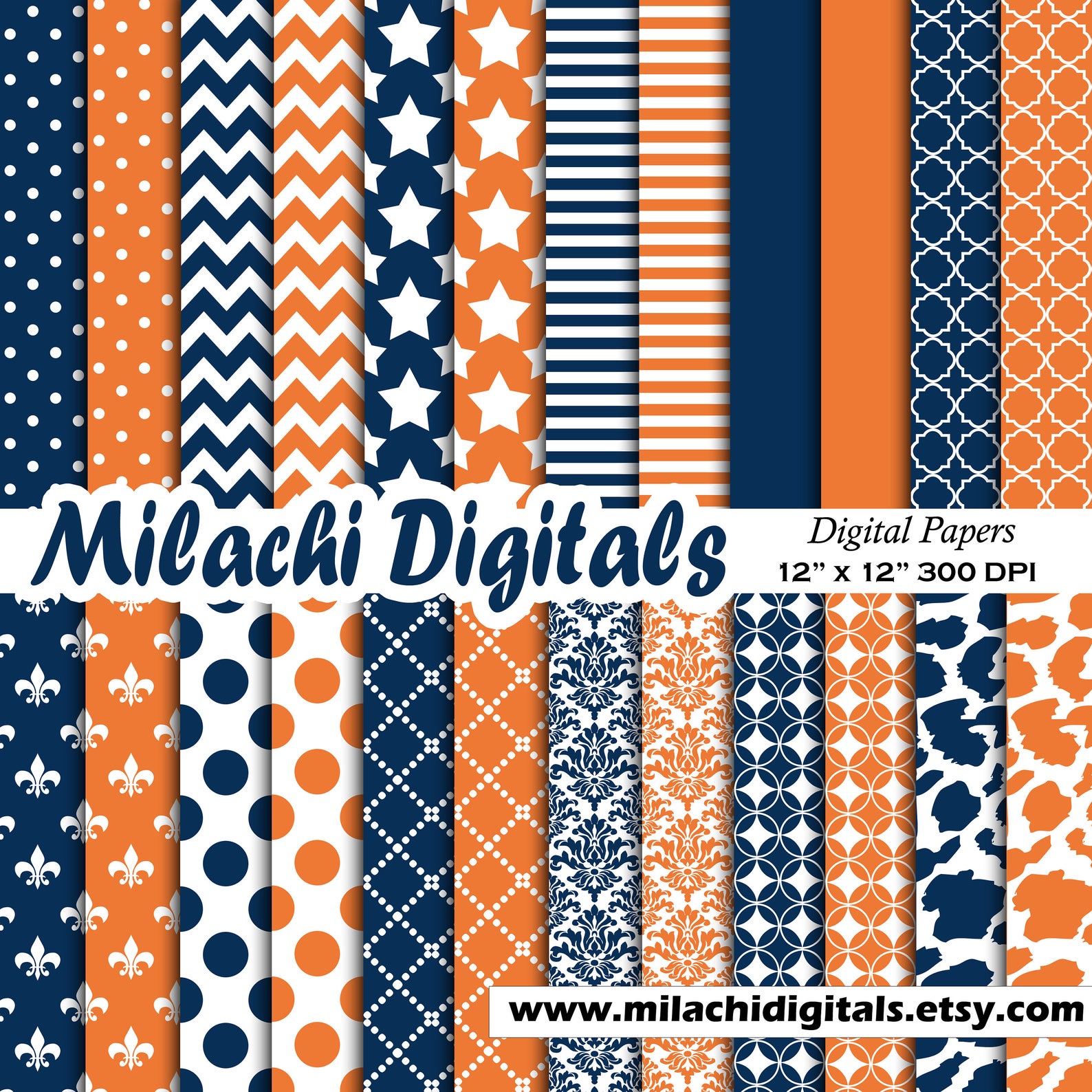 Navy Blue and Orange Digital Paper Scrapbook Papers | Etsy