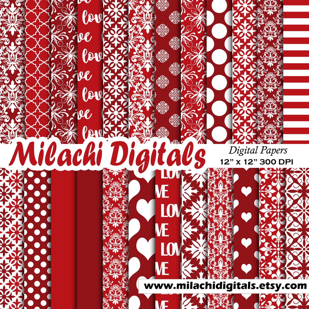 Valentine Digital Paper, Valentine's Day Scrapbook Papers, Damask ...