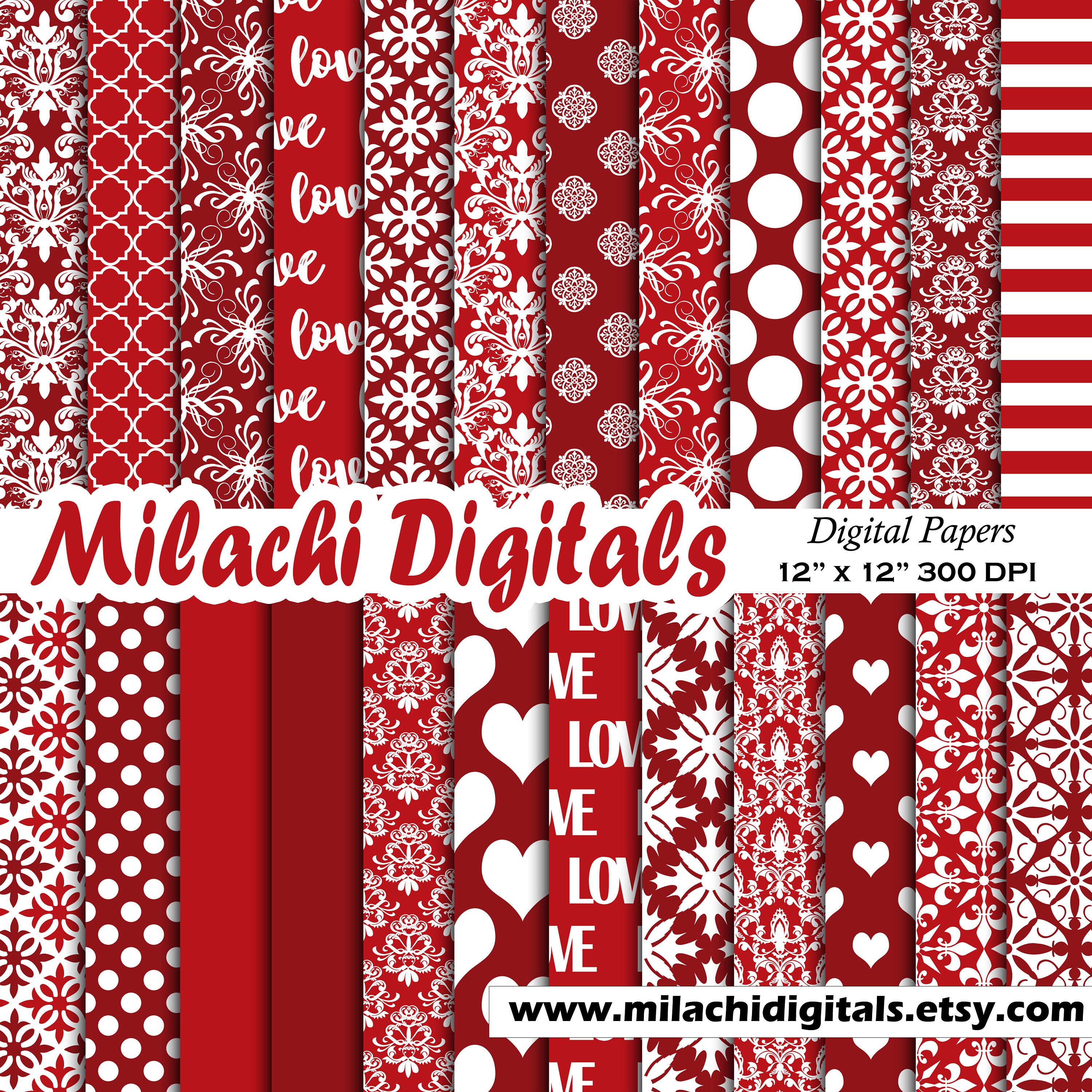 Valentine Digital Paper, Valentine's Day Scrapbook Papers, Damask ...
