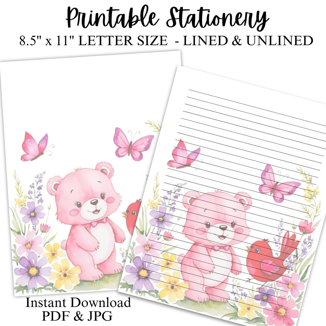 Pink Bear, Bird and Butterflies Stationery Printable, Journal, Letter ...