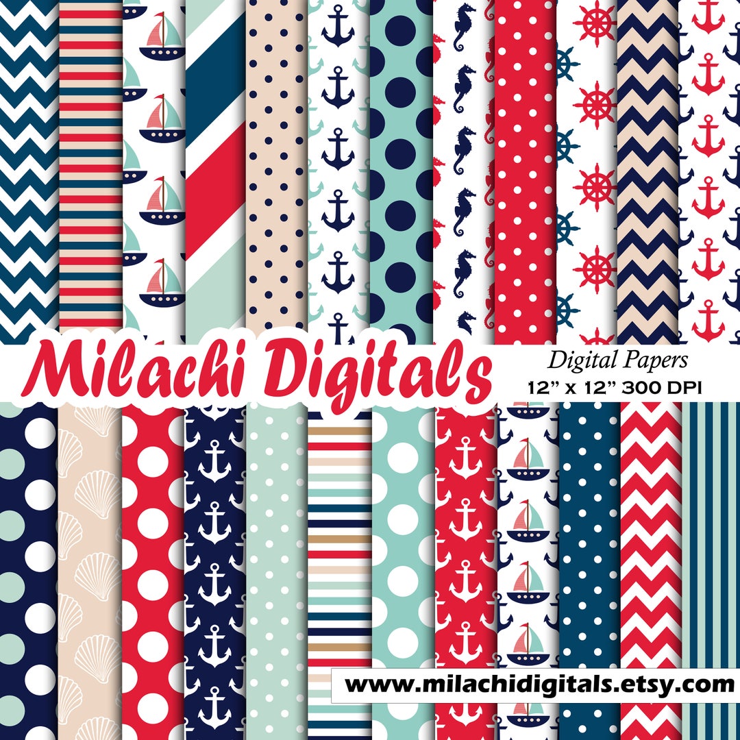 Nautical Digital Paper, Ahoy Scrapbook Papers, Chevron Background ...