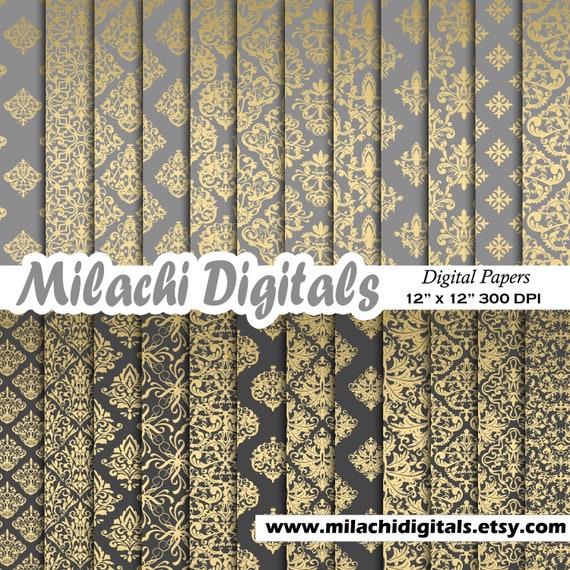 Gray and Gold Damask Digital Paper Seamless Gold Patterns | Etsy