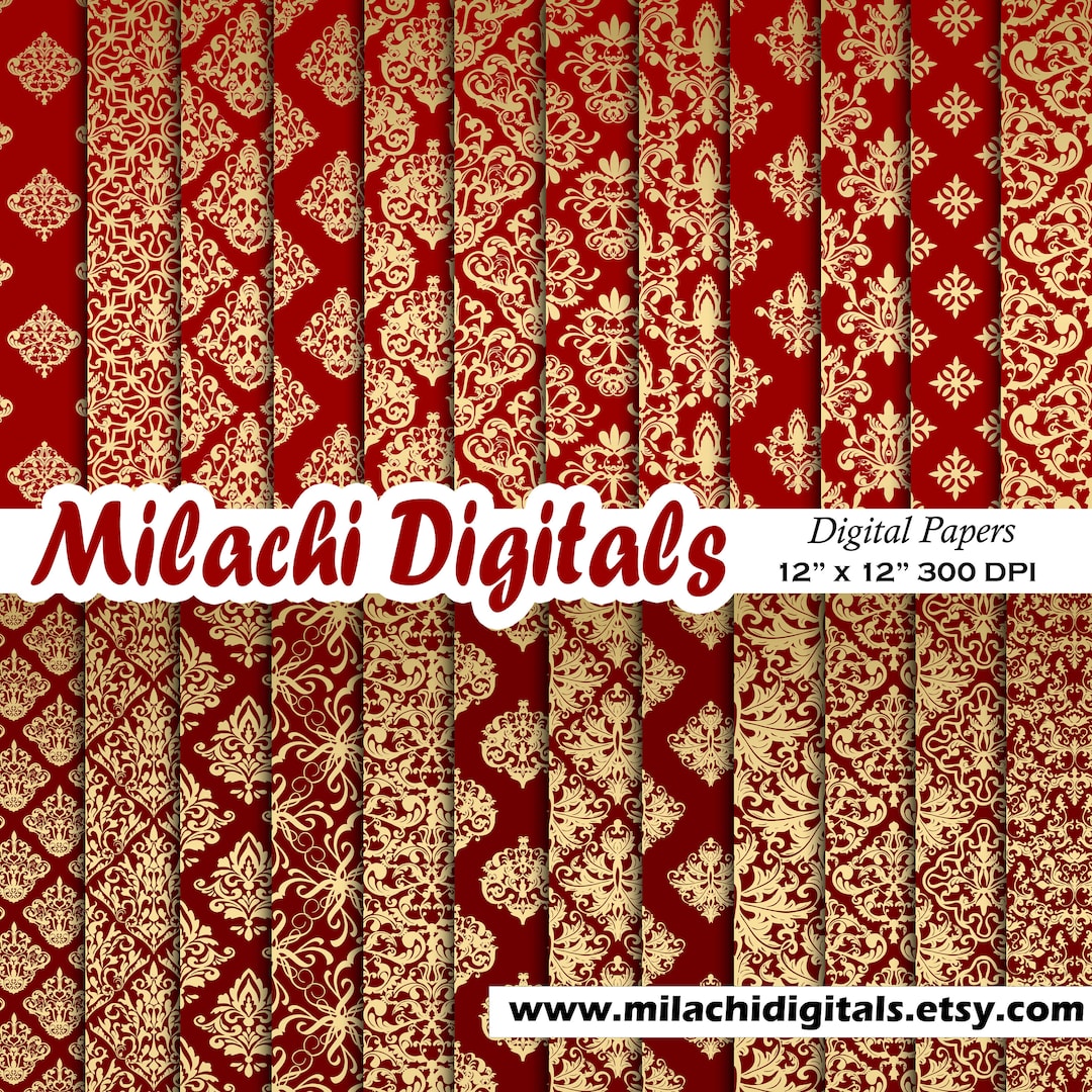 Red and Gold Damask Digital Paper, Seamless Damask Patterns, Gold ...