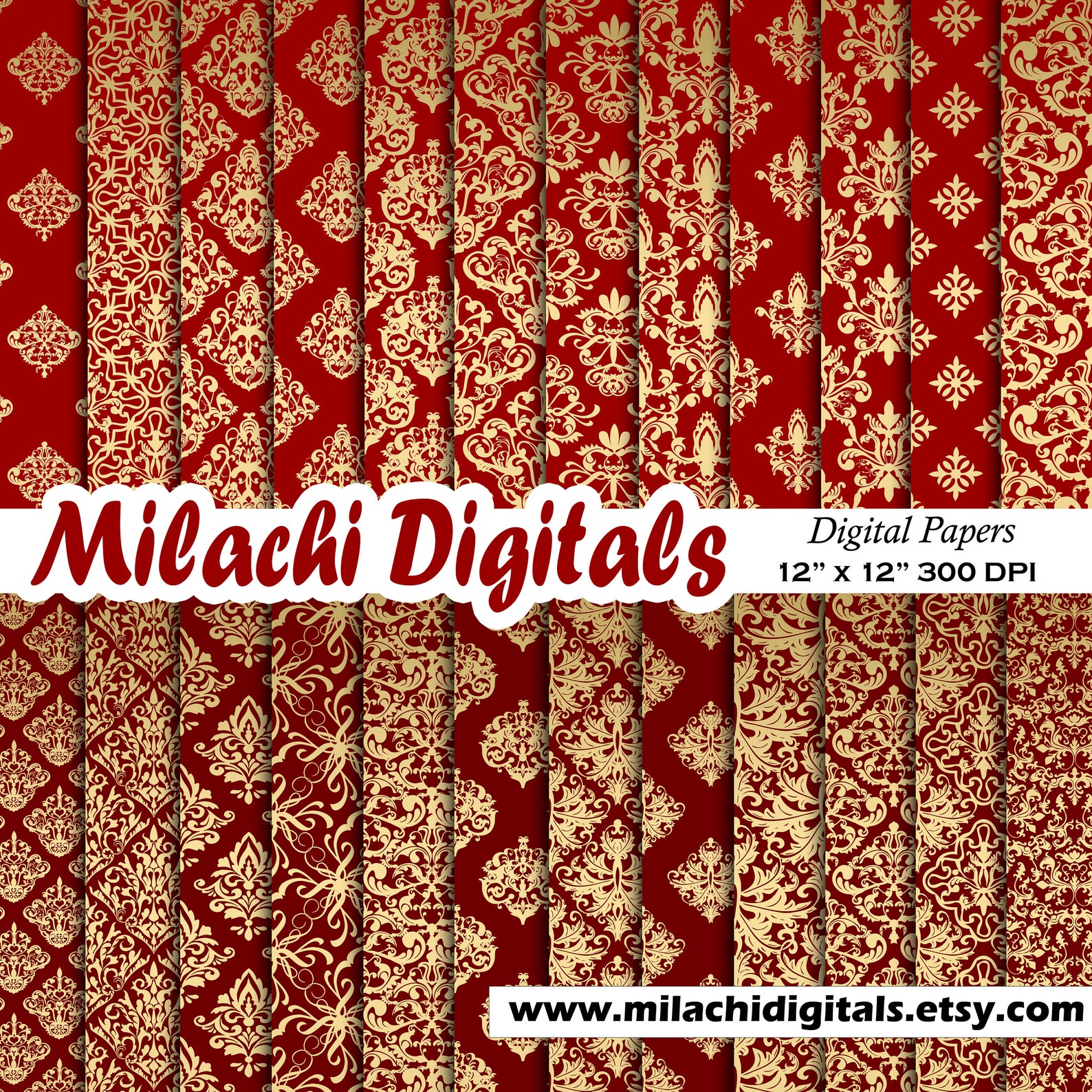 Red and Gold Damask Digital Paper Seamless Damask Patterns - Etsy