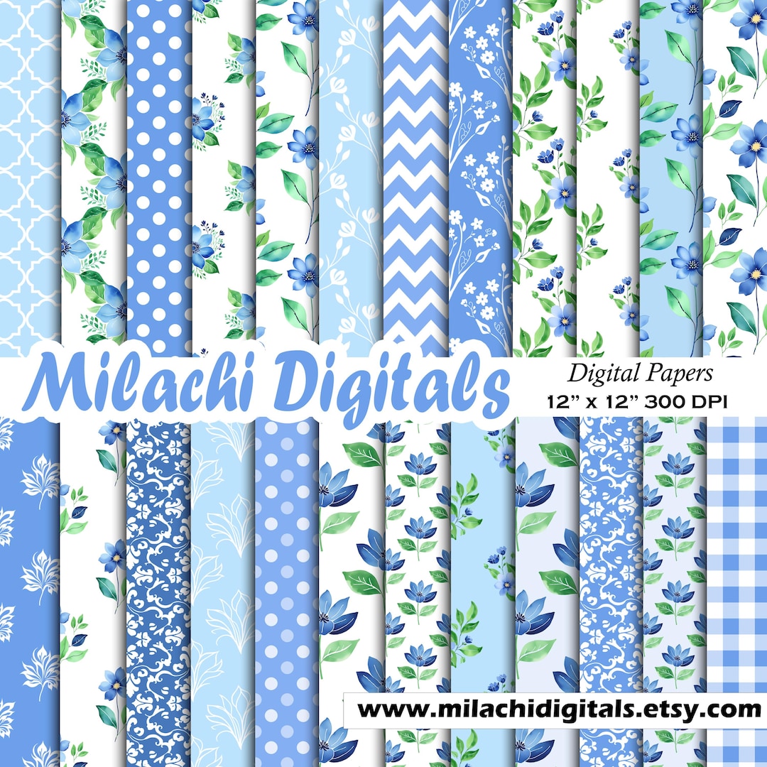 Blue Flowers Digital Paper, Seamless 12"x12" Scrapbook Paper, Junk ...