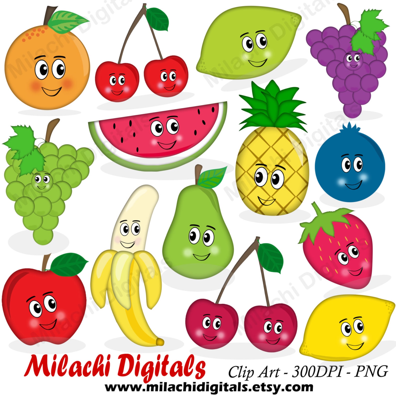 Fruit Clipart Fruit Characters Clipart Vector Graphics Food - Etsy
