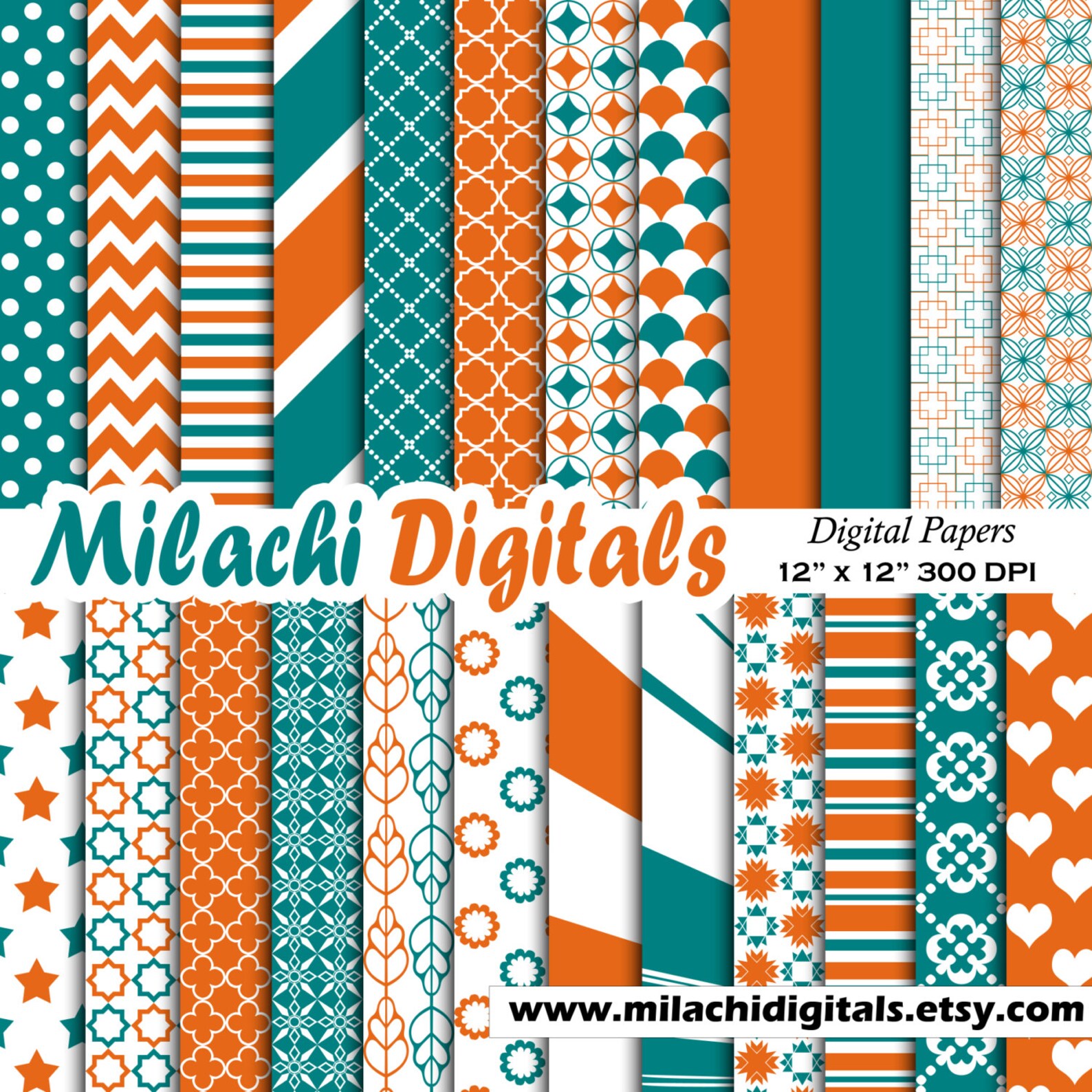 Orange and Teal Digital Paper, Printable Papers, Digital Scrapbooking ...