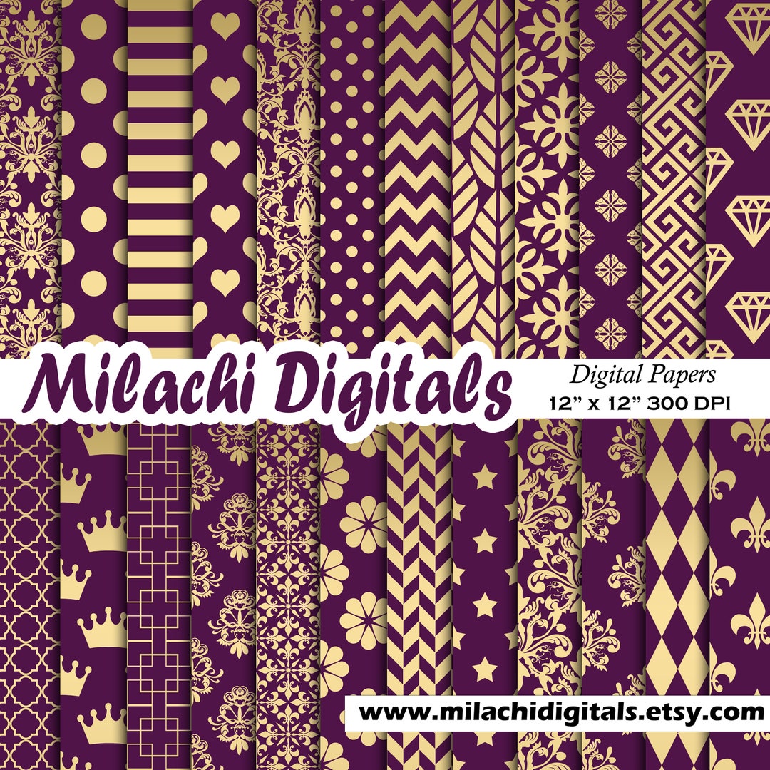 Purple and Gold Digital Paper Royal Gold Patterns Luxury Polka Dots ...