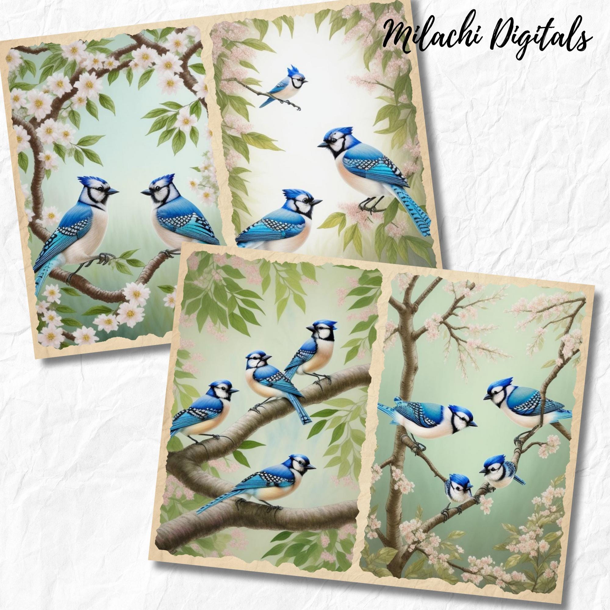 Blue Jay Junk Journal Paper Printable, Birds Scrapbook Paper, Blue Bird ...