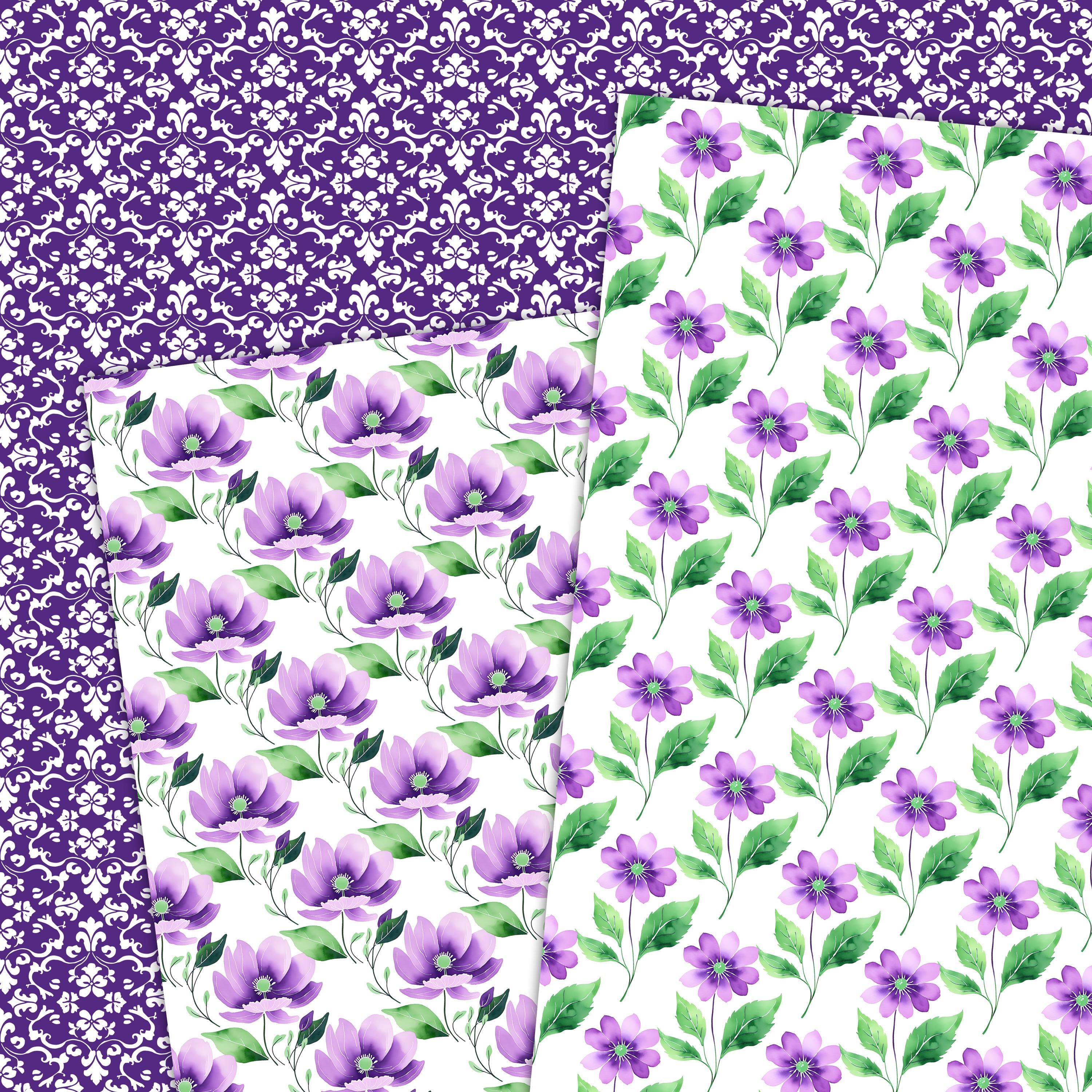 Purple Flowers Digital Paper, Seamless 12"x12" Scrapbook Paper, Junk ...