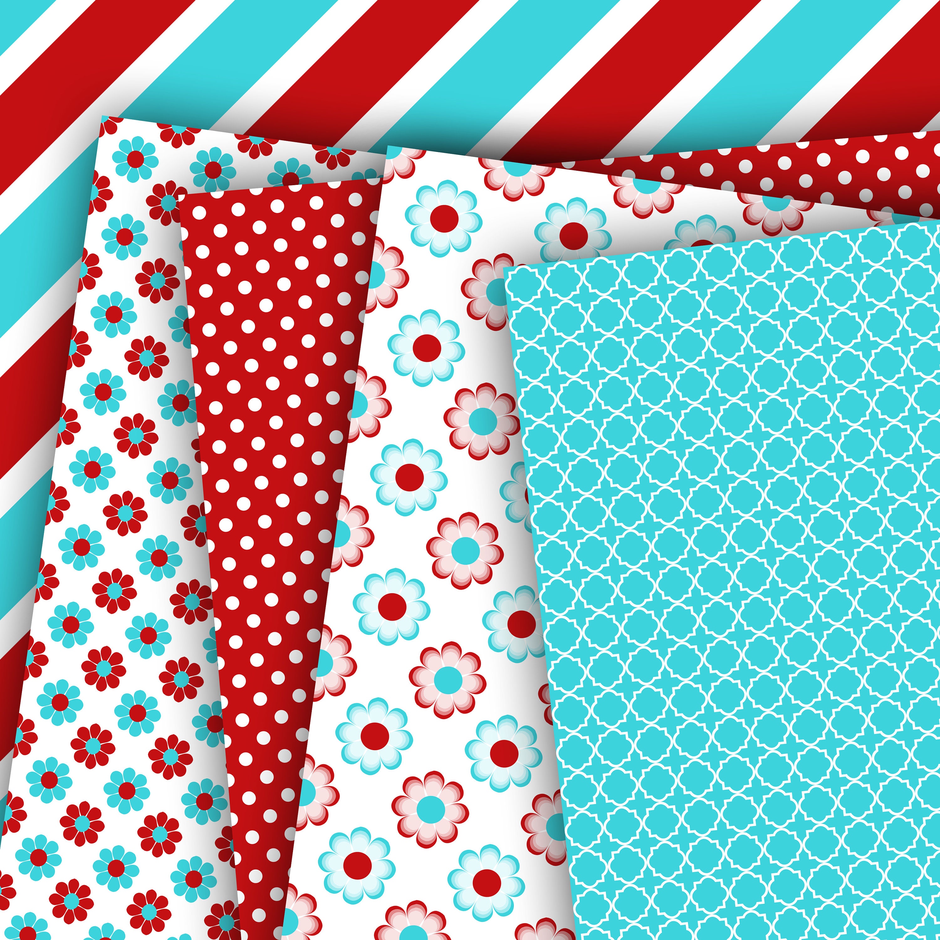 Turquoise and Red Digital Paper Scrapbook Papers Floral - Etsy