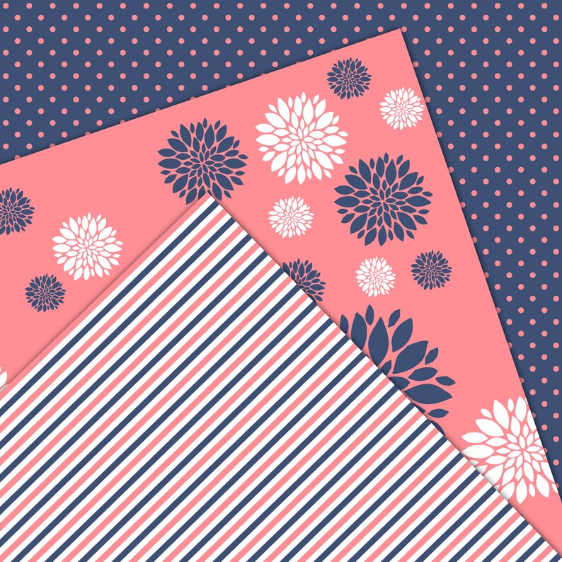 Navy Blue and Coral Digital Paper Damask Scrapbook Papers - Etsy
