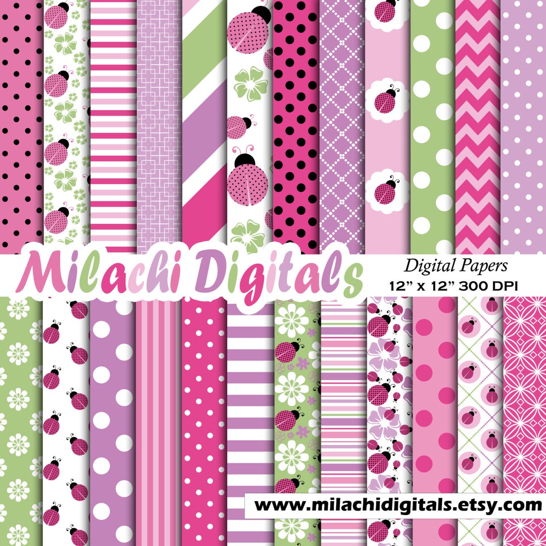 Pink Ladybug Digital Paper, 1st Birthday Scrapbook Papers, Baby Shower ...
