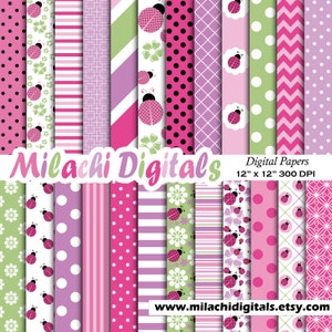 Pink Ladybug Digital Paper, 1st Birthday Scrapbook Papers, Baby Shower ...