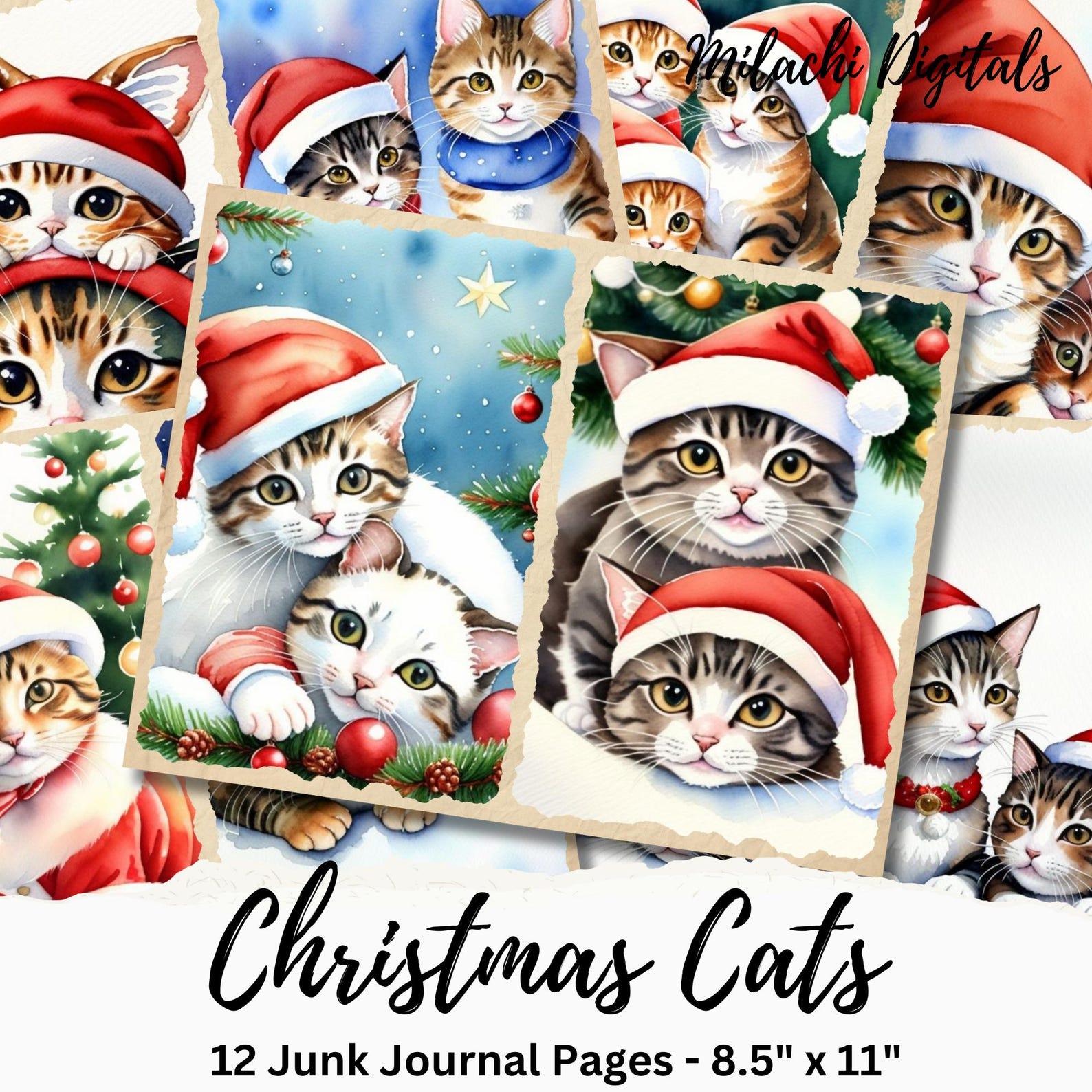 Christmas Cats Junk Journal Paper Printable, Christmas Scrapbook Paper ...