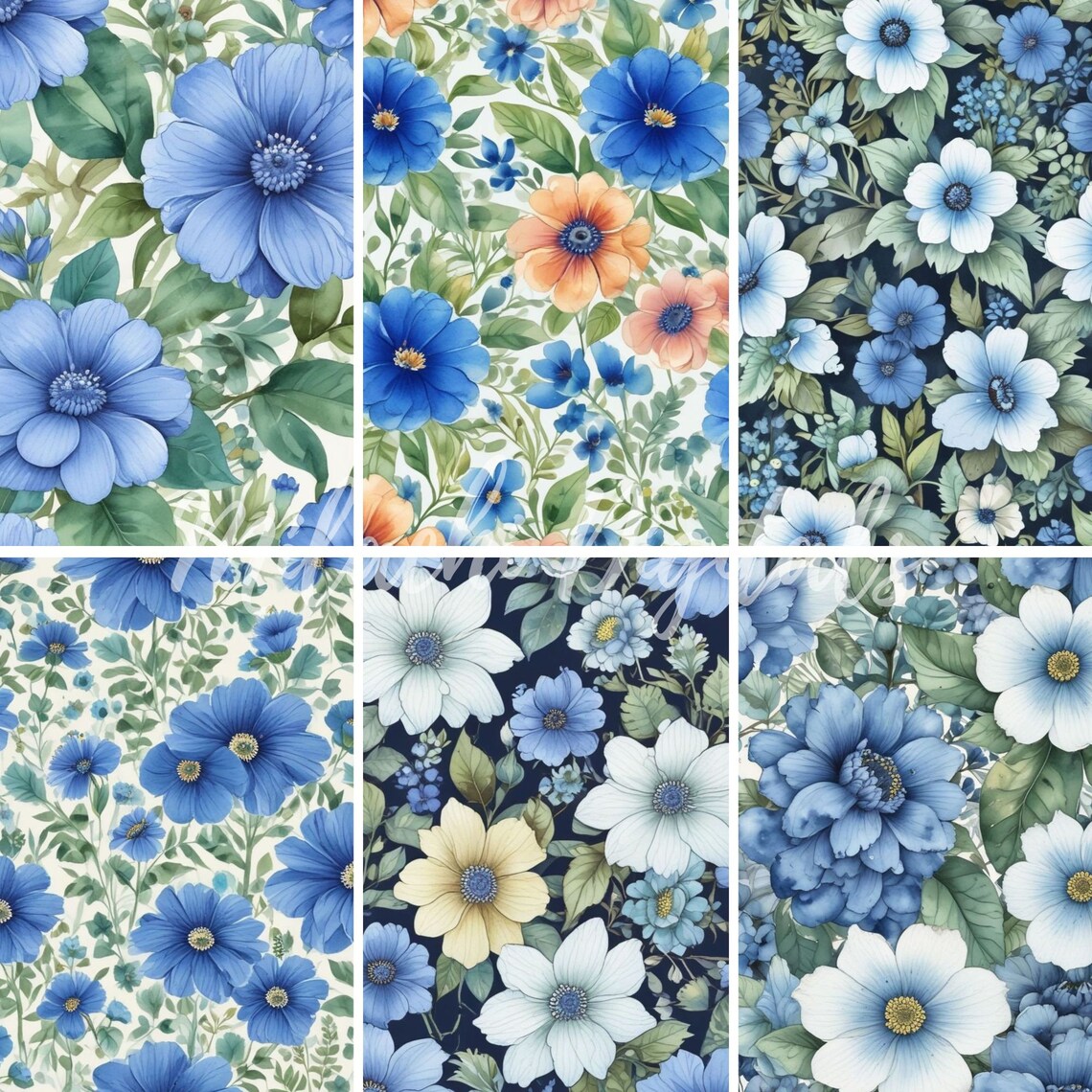 Blue Flowers Digital Paper Pack 8.5"x11", Floral Junk Journal Printable ...