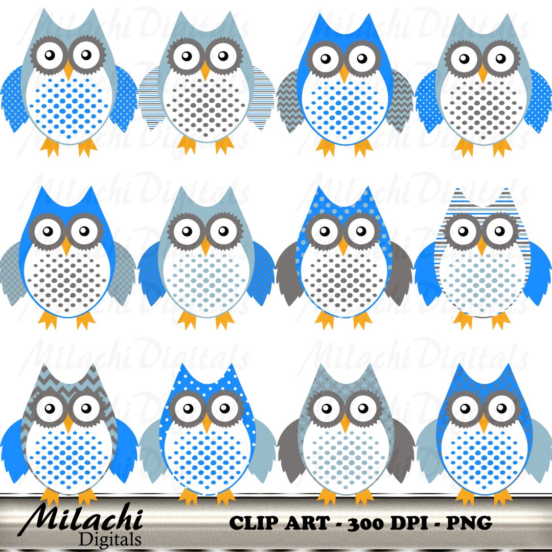 Blue and Gray Owl Clipart, Digital Clip Art, Printable, Commercial Use ...
