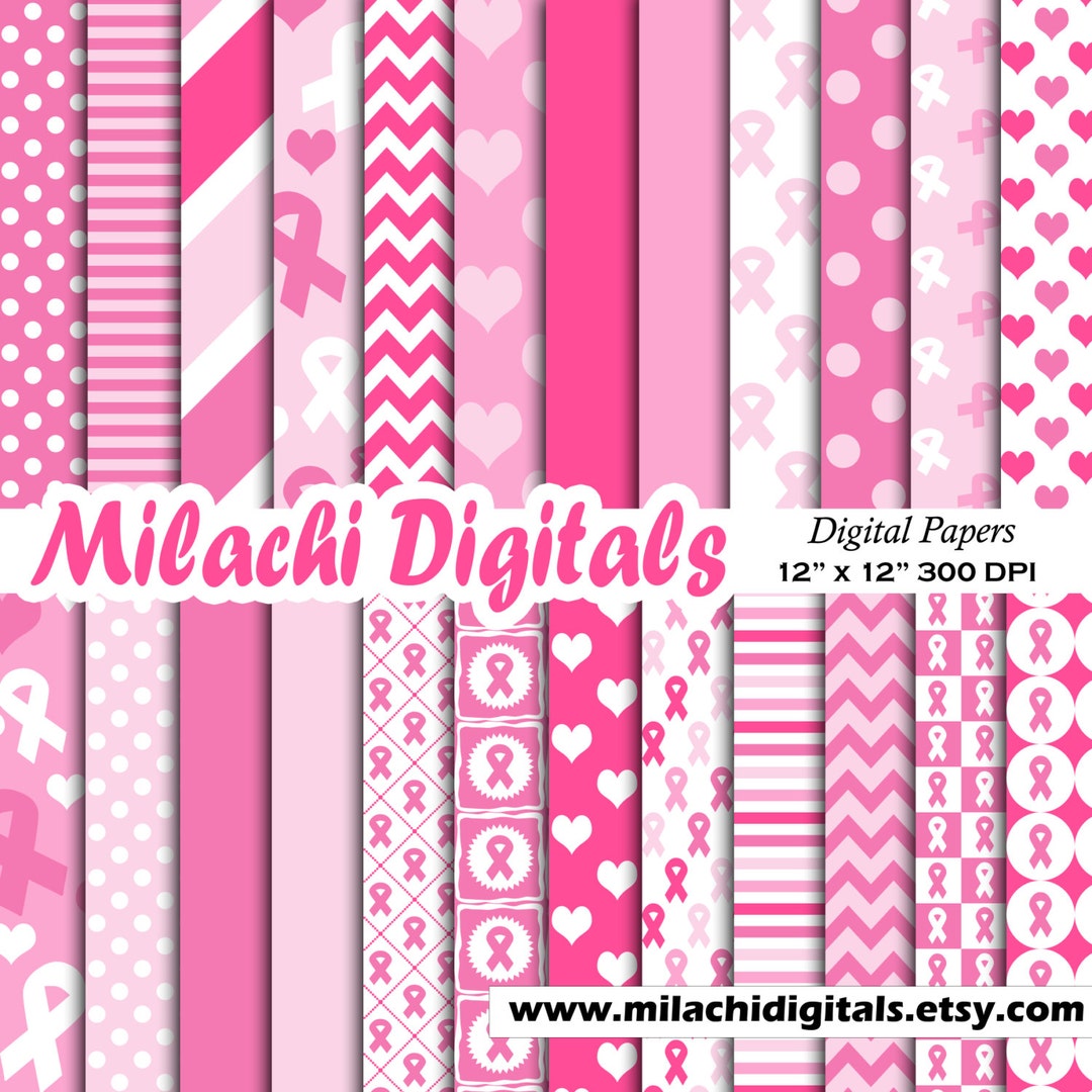 Cancer Ribbon Digital Paper, Breast Cancer Awareness Scrapbook Papers ...