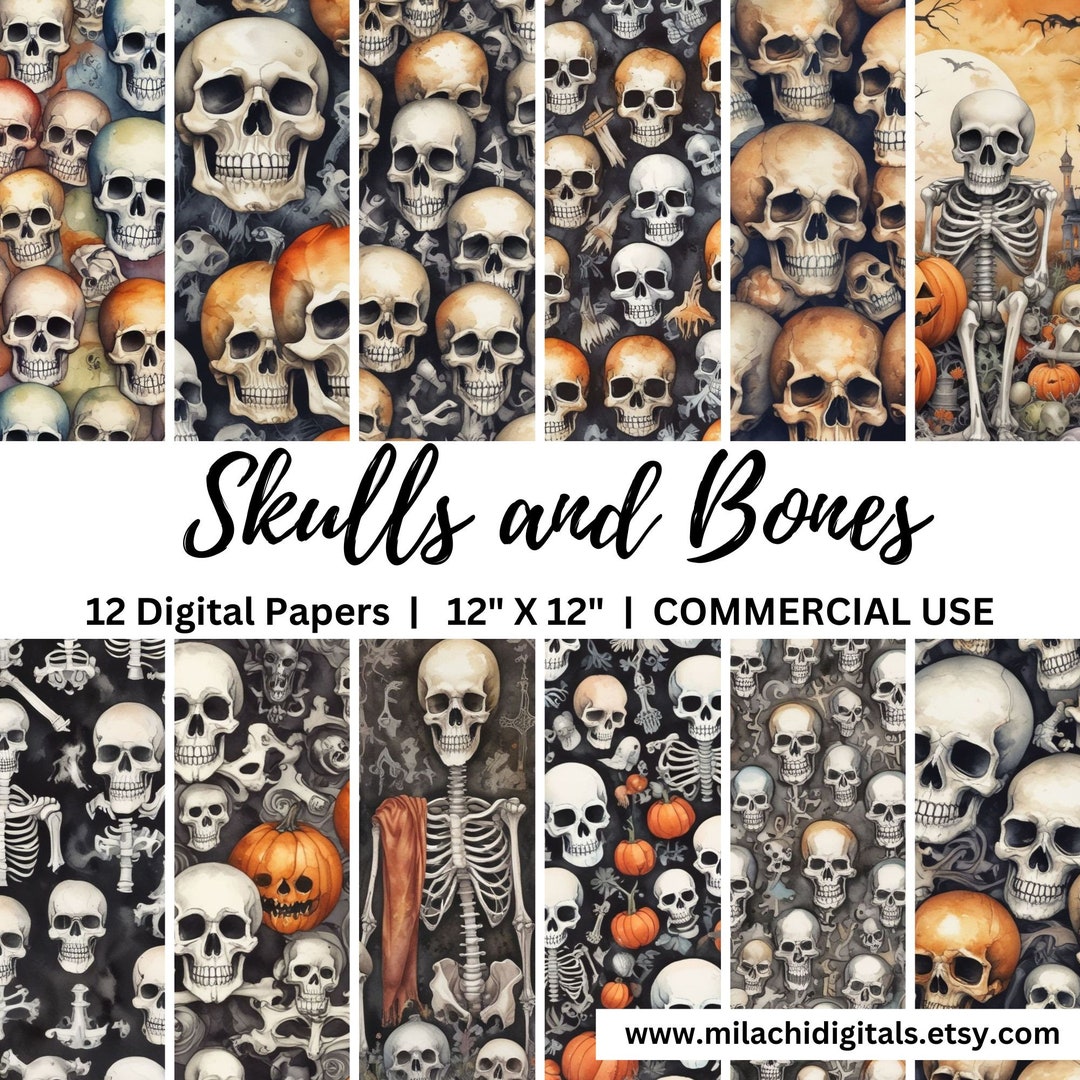 Halloween Skulls and Bones Digital Paper Pack 12"x12", Spooky ...