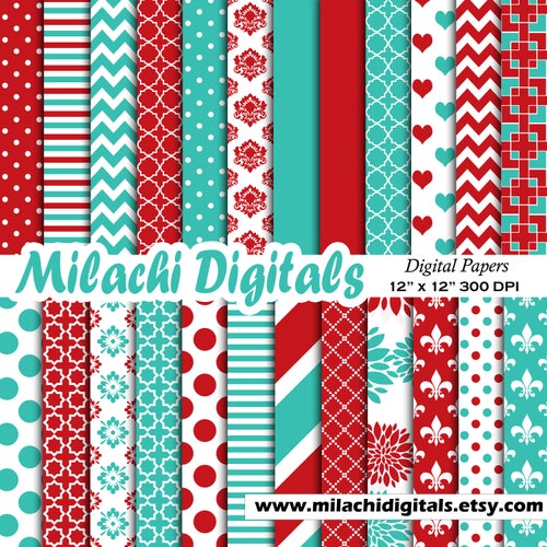 Turquoise and Red Digital Paper Scrapbook Papers Floral - Etsy