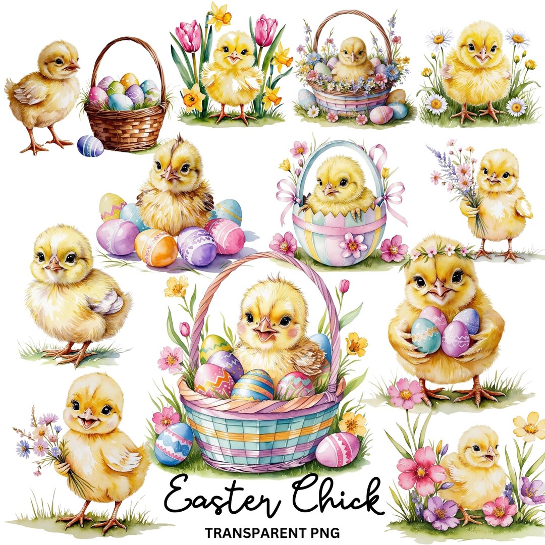 12 PNG Easter Chicks Clipart Bundle, Watercolor Chick, Easter Eggs ...