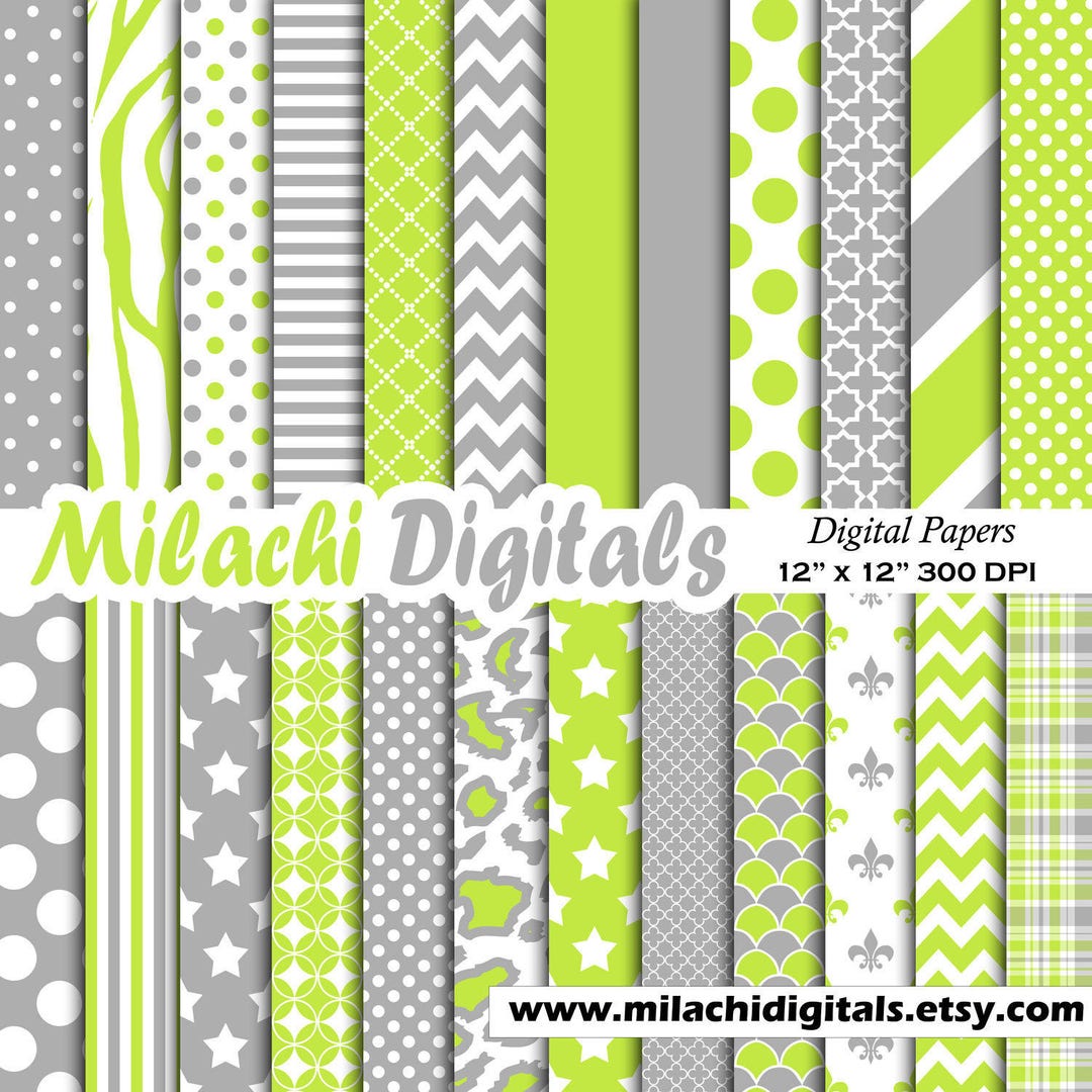 Lime Green and Gray Digital Paper, Scrapbook Papers, Background ...