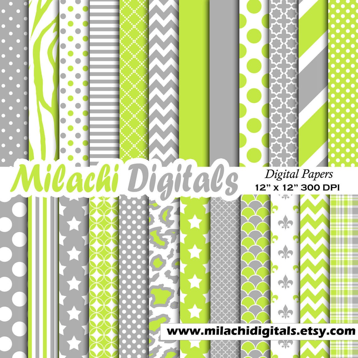 Lime Green and Gray Digital Paper Scrapbook Papers | Etsy