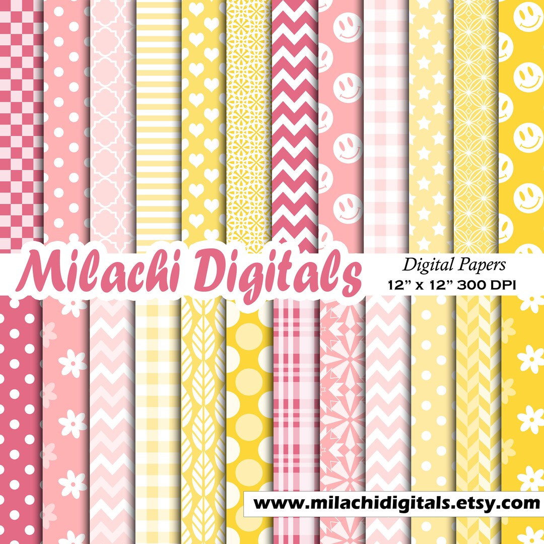 Pink and Yellow Digital Paper Pack, Scrapbook Papers, Seamless Patterns ...