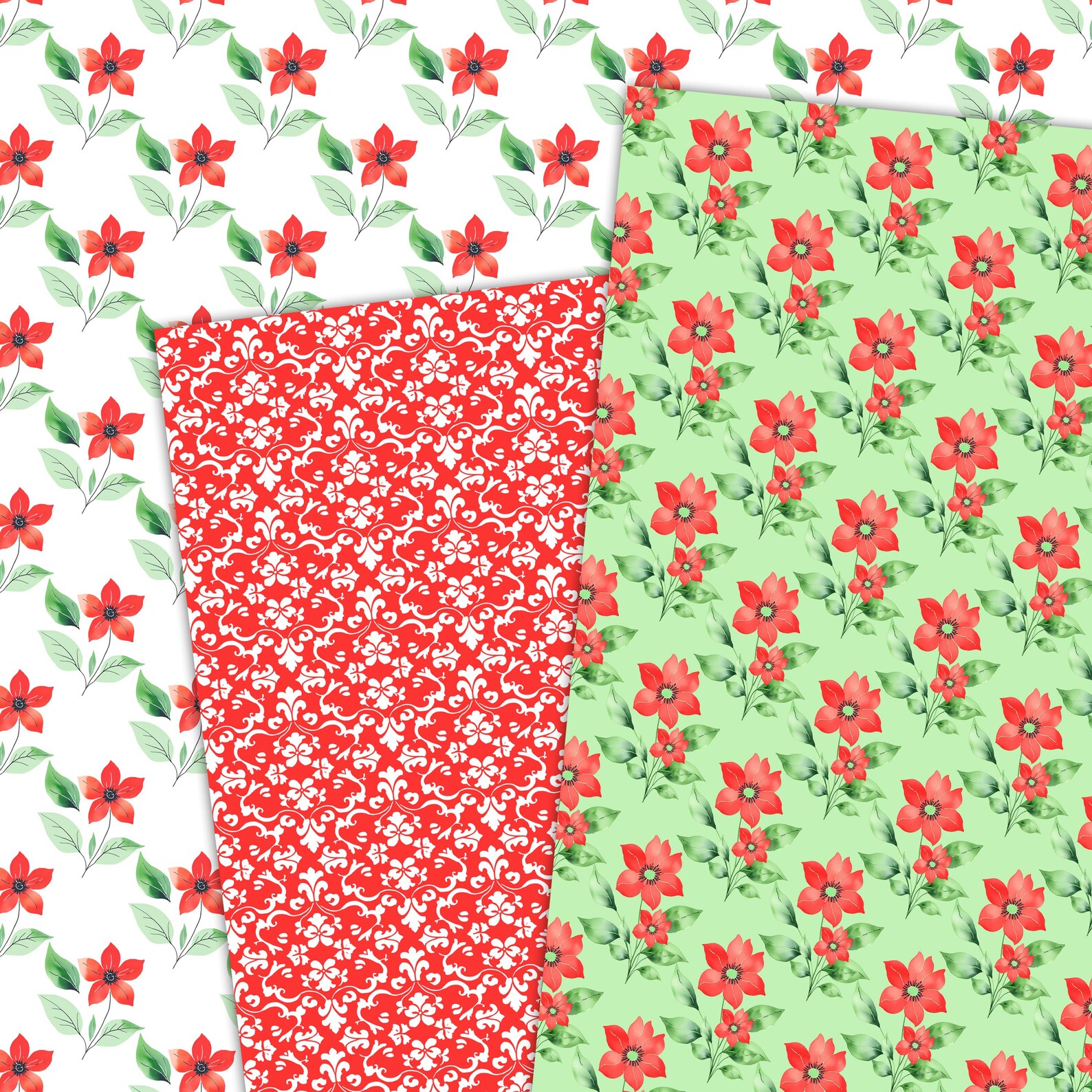 Red Flowers Digital Paper, Seamless 12"x12" Scrapbook Paper, Junk ...
