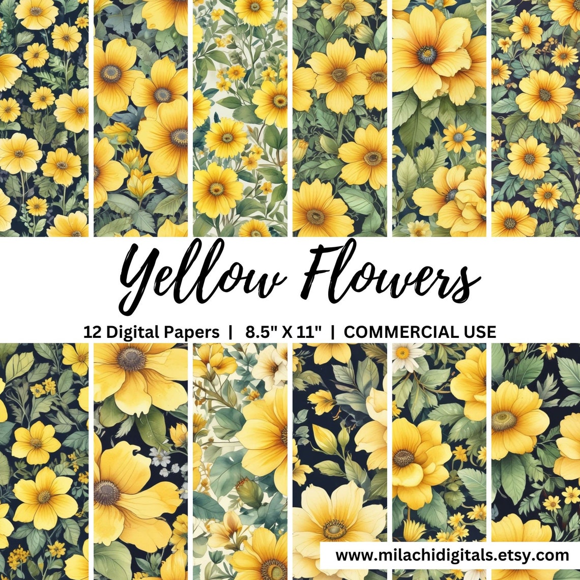 Yellow Flowers Digital Paper Pack 8.5"x11", Floral Junk Journal ...