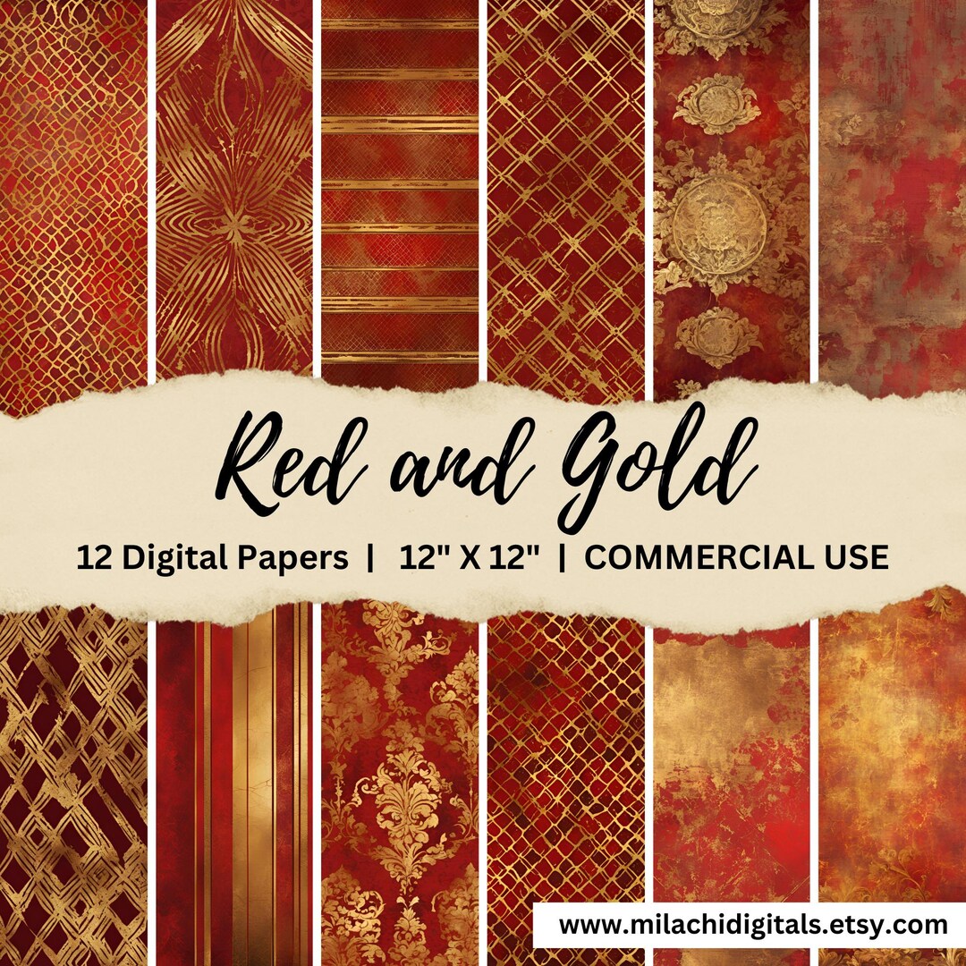 Red and Gold Digital Paper, Junk Journal Pages, Distressed Gold ...