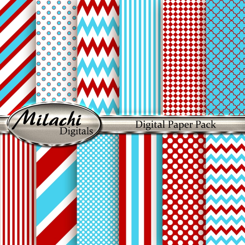 Blue and Red Digital Paper, Stripes, Chevron, Polka Dots, Commercial ...