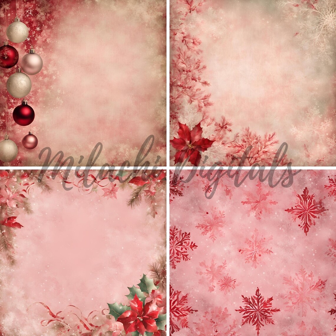 Pink Christmas Digital Paper Pack 12"x12", Printable Scrapbook Paper ...
