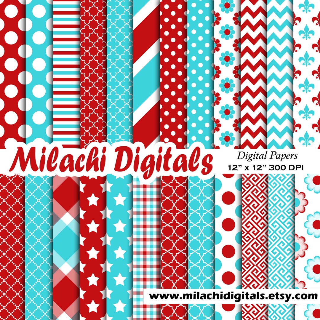 Turquoise and Red Digital Paper, Scrapbook Papers, Floral Wallpaper ...