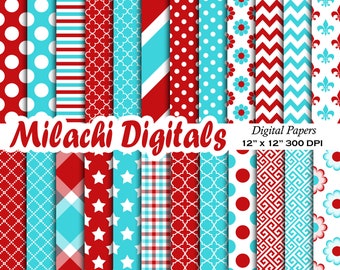 Blue and Red Digital Paper Stripes Chevron Polka Dots | Etsy