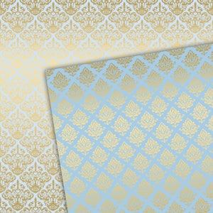 Blue and Gold Damask Digital Paper, Seamless Damask Patterns, Scrapbook ...
