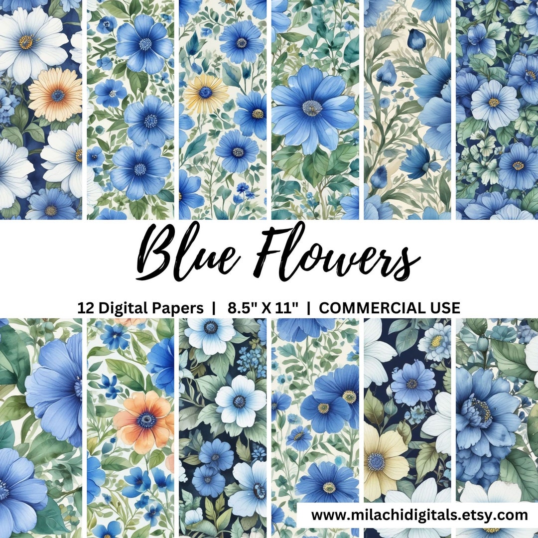 Blue Flowers Digital Paper Pack 8.5"x11", Floral Junk Journal Printable ...