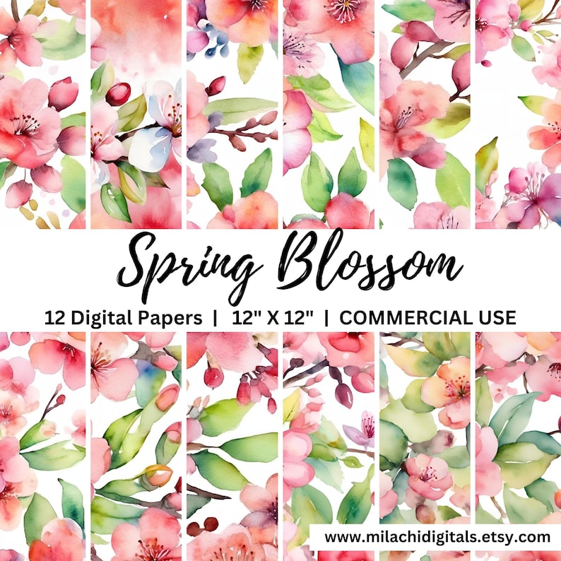 Spring Blossom Digital Paper, 12"x12" Scrapbook Paper, Junk Journal ...