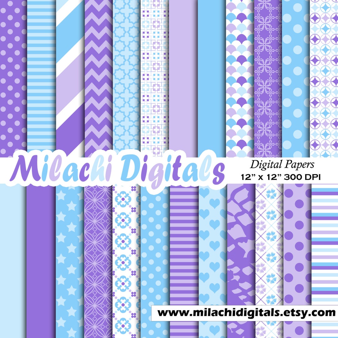 Purple and Blue Digital Paper, Polka Dots, Chevron, Stripes, Commercial ...