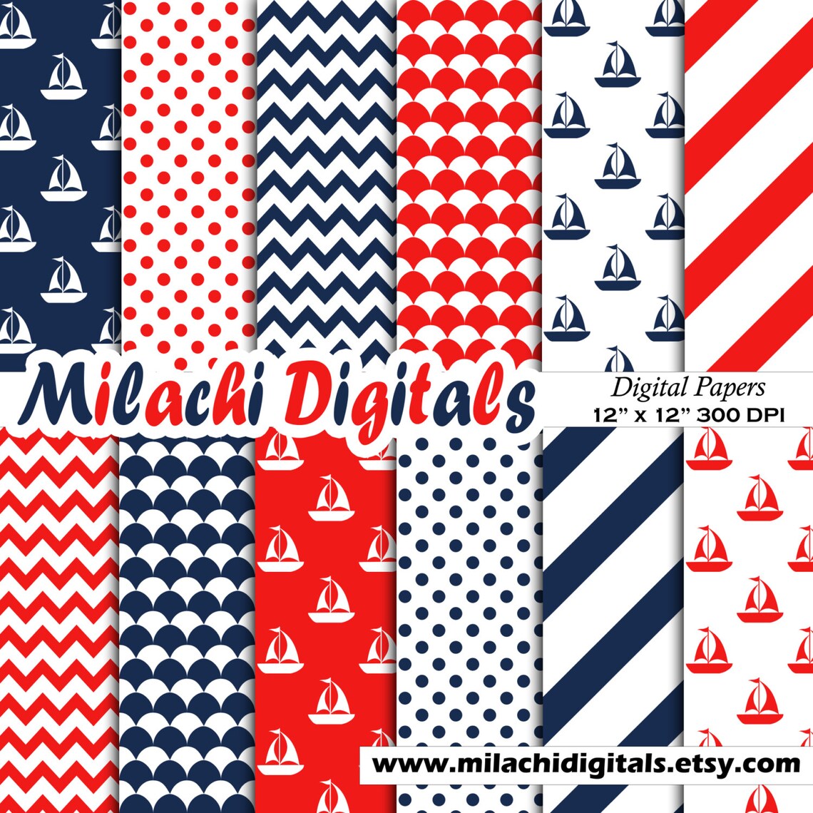 Nautical Digital Paper Pack Sailboat Chevron Stripes Polka - Etsy