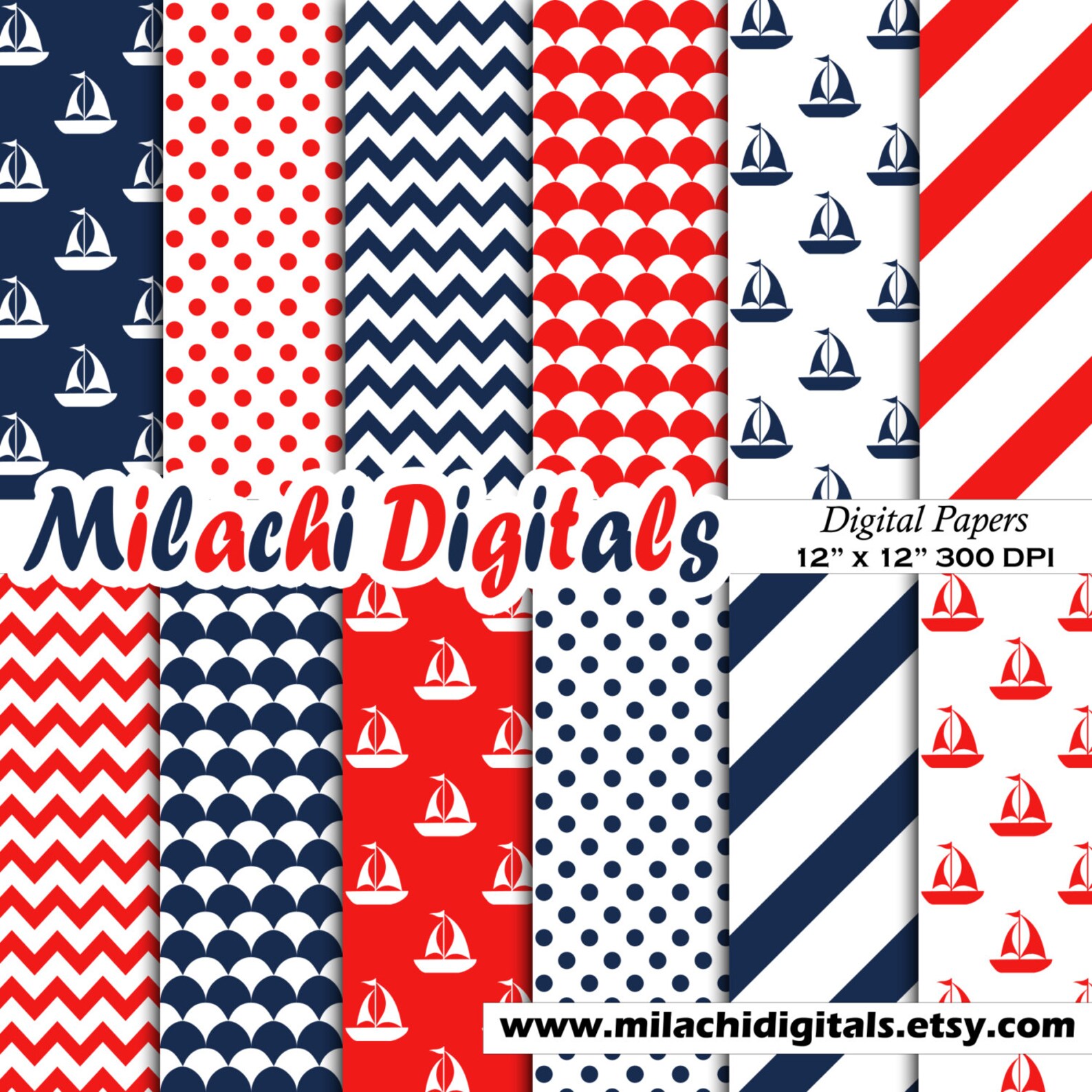 Nautical Digital Paper Pack, Sailboat, Chevron, Stripes, Polka Dots ...