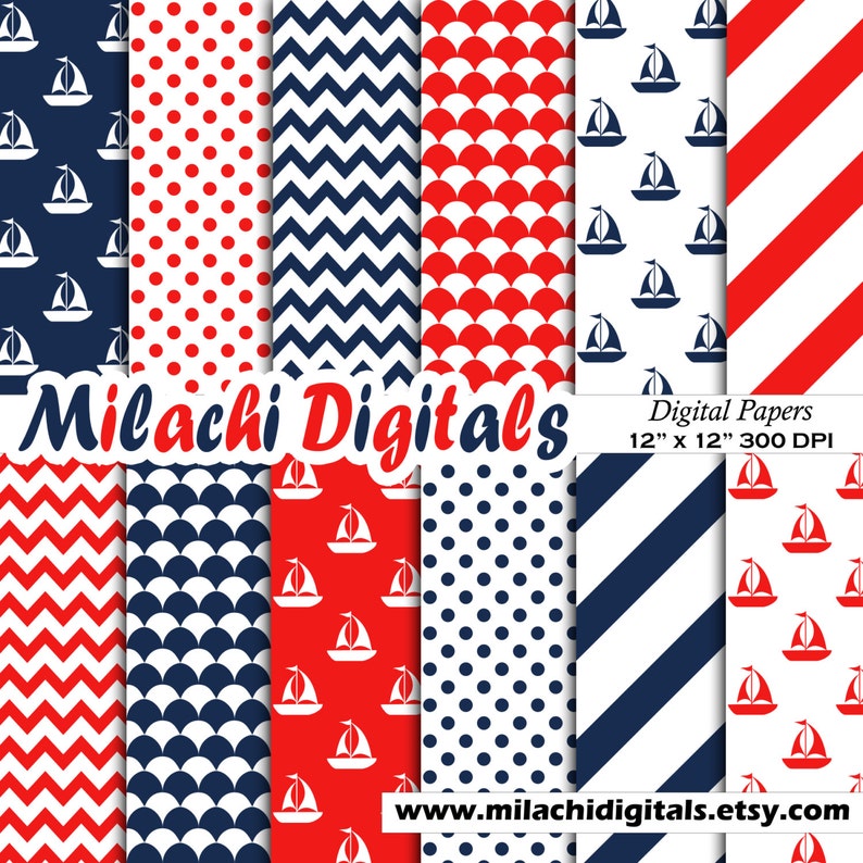 Nautical Digital Paper Pack Sailboat Chevron Stripes Polka - Etsy