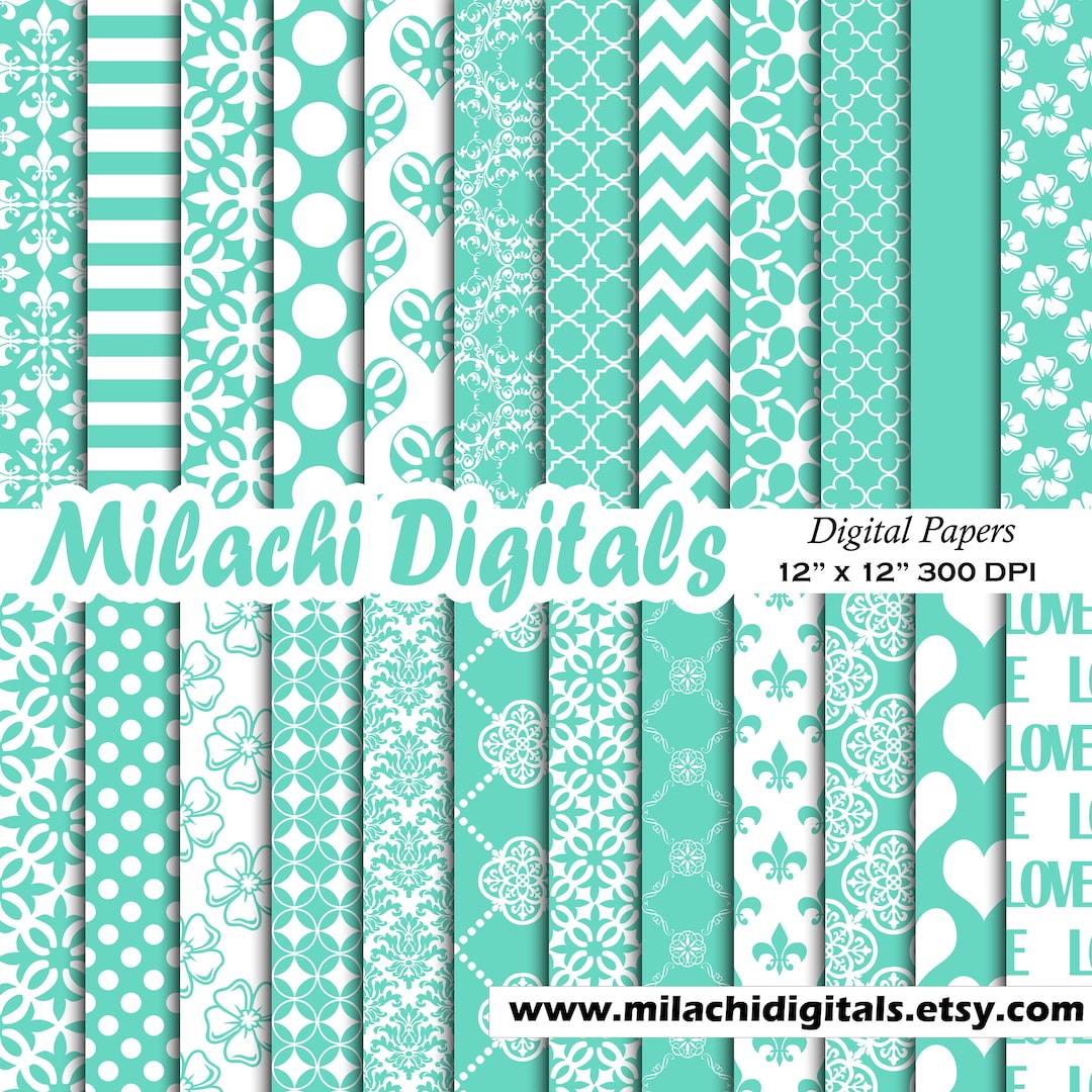 Aqua Wedding Digital Paper Damask Pattern Floral Background Polka Dots ...